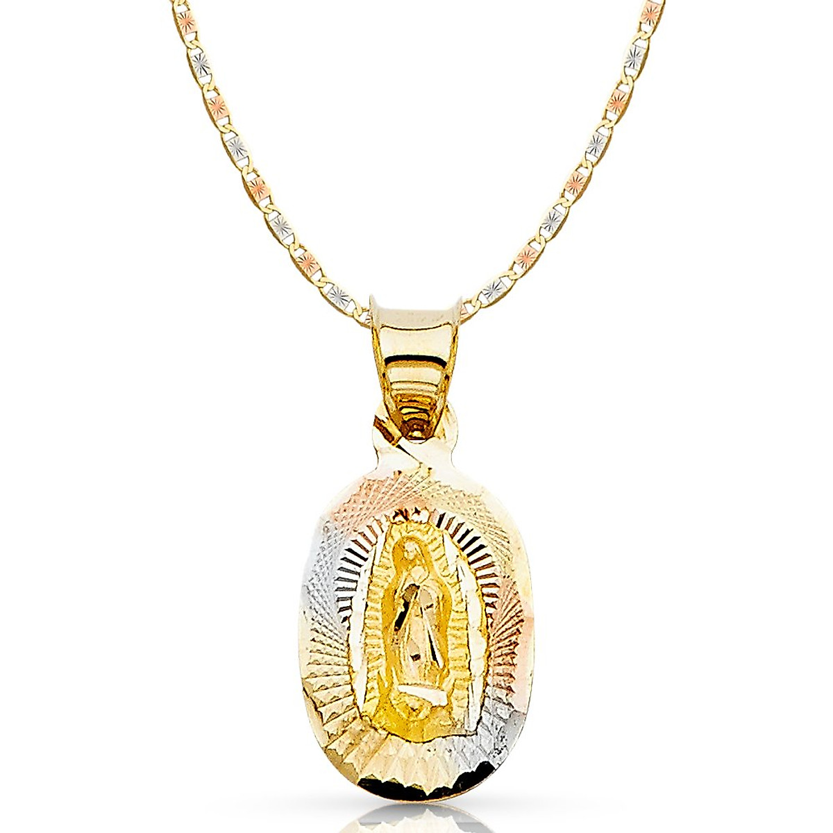 Ioka 14K Tri Color Gold Diamond Cut Our Lady of Guadalupe Stamp Charm Pendant with 1.5mm Valentino Chain Necklace - 18"