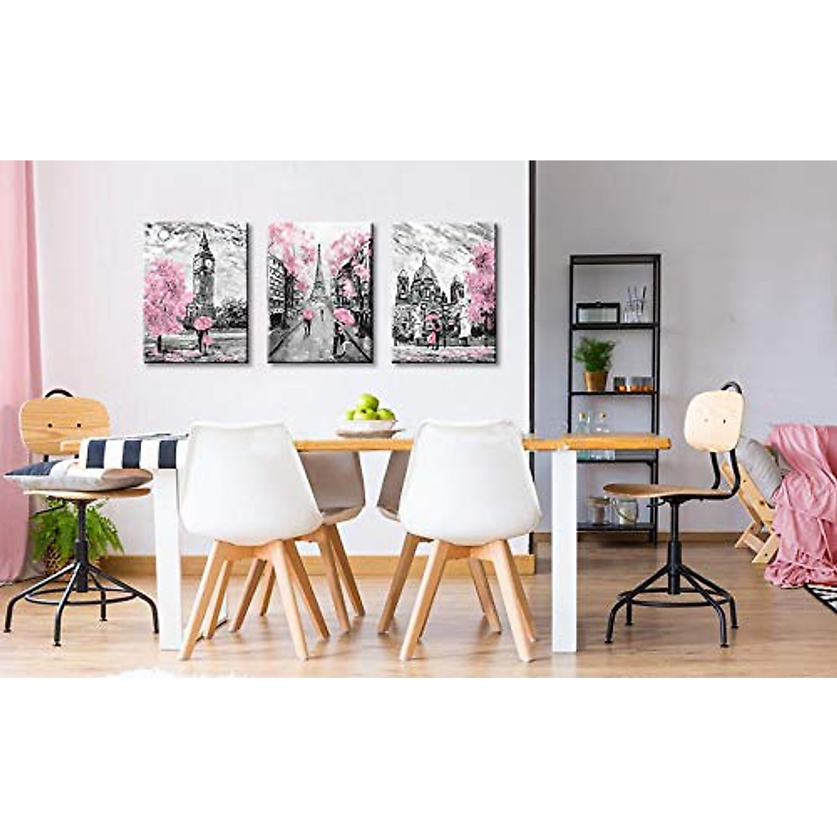 CANVASZON Black and White Canvas Wall Art for Living Room Bedroom Bathroom Girls Pink Paris Theme Room Decor Oil Painting Print London Big Ben Tower Eiffel Painting for Wall Decor Pink