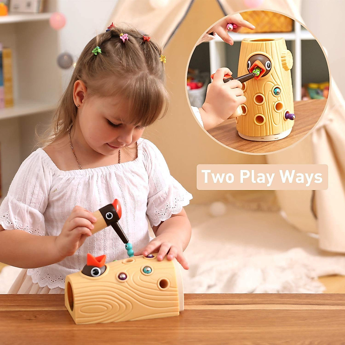 TOP BRIGHT Montessori Toys for 2 Year Old Girl and Boy Gifts, Fine Motor Skills Toddler Toys Age 2-4, Woodpecker Worm Toy Magnetic Bird Feeding Game