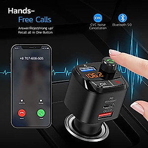 Nulaxy Bluetooth 5.0 FM Transmitter for Car, QC3.0 & USB-C PD 18W Wireless Bluetooth Radio Adapter Music Player/Car Kit with Bass Booster, Hands-Free Calls-NX12