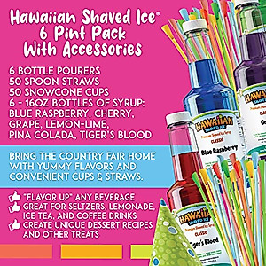 Hawaiian Shaved Ice Snow Cone Machine Package with 6 Flavoring Syrups and Party Ready Accessories