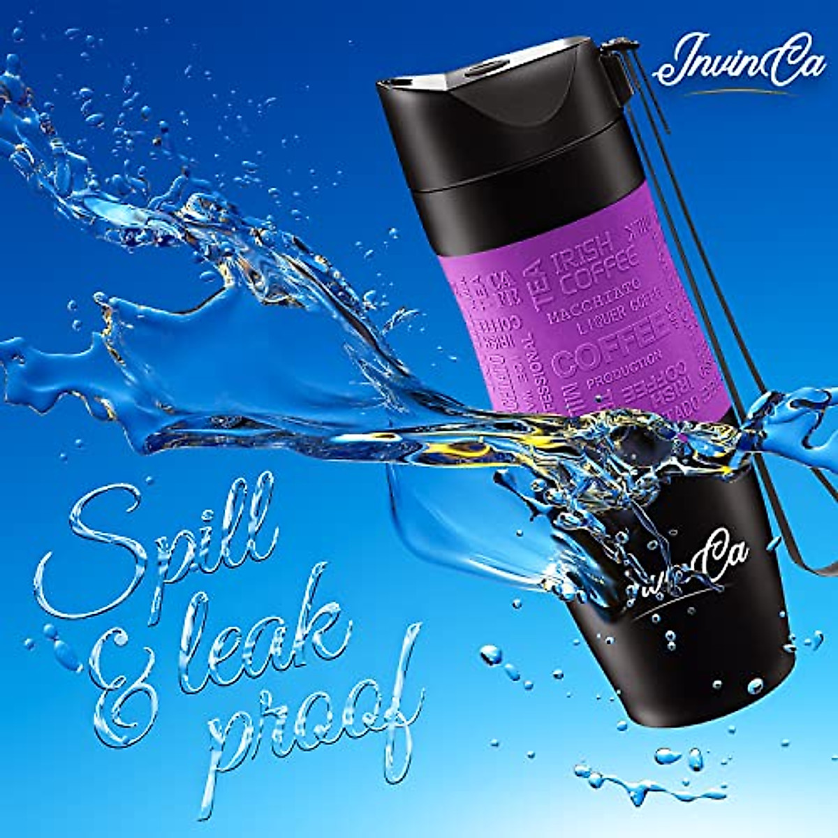 INVINCEA ONE-CLICK Travel Mug: Thermal Vacuum-Insulated Coffee Mug, Double-Wall Stainless Steel Durable Mug with a Leak Proof Lid for your Daily Hot/Cold/Ice Drinks; 16-oz Metal Cups. Black/Violet