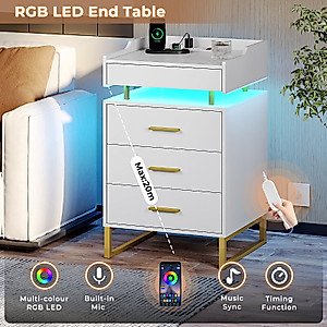 HAUOMS White Nightstand with Charging Station and LED Lights,Luxury Night Stand with Pull-Out Tray,Bedside Table with Drawers,Modern End Table Side Table Storage Cabniet