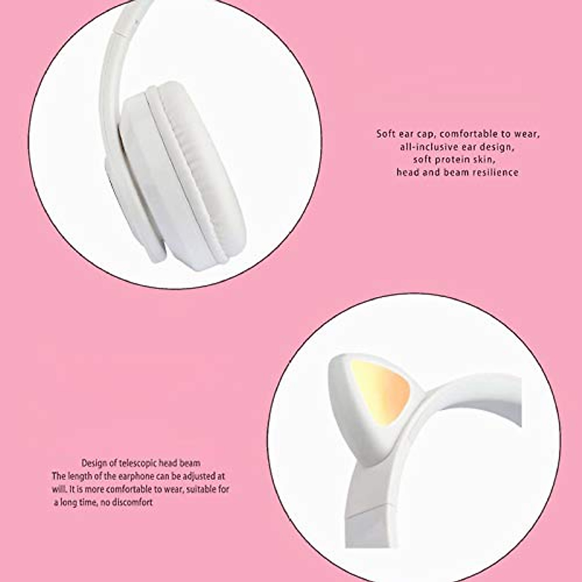 Niaviben Headphones Over-Ear Bluetooth 5.0 Wireless Cat Ear Headphones LED with Mic Headphone Support Wire and Wireless Mode for Kids and Girls Black