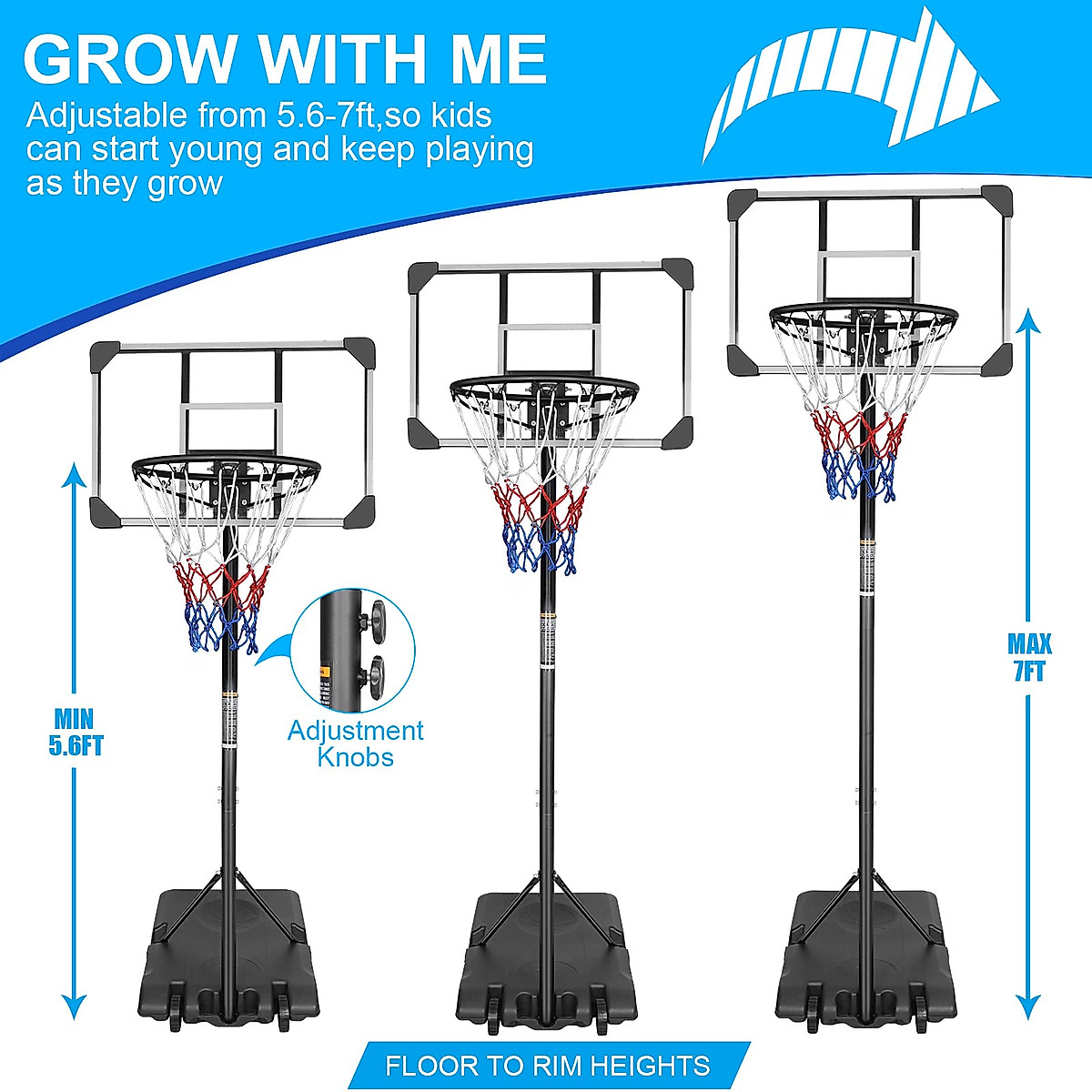 Portable Basketball Hoop & Goal, Basketball System, Basketball Equipment Height Adjustable, with Backboard and Wheels, for Adults Youth Indoor Outdoor (Black 5.6~7ft)
