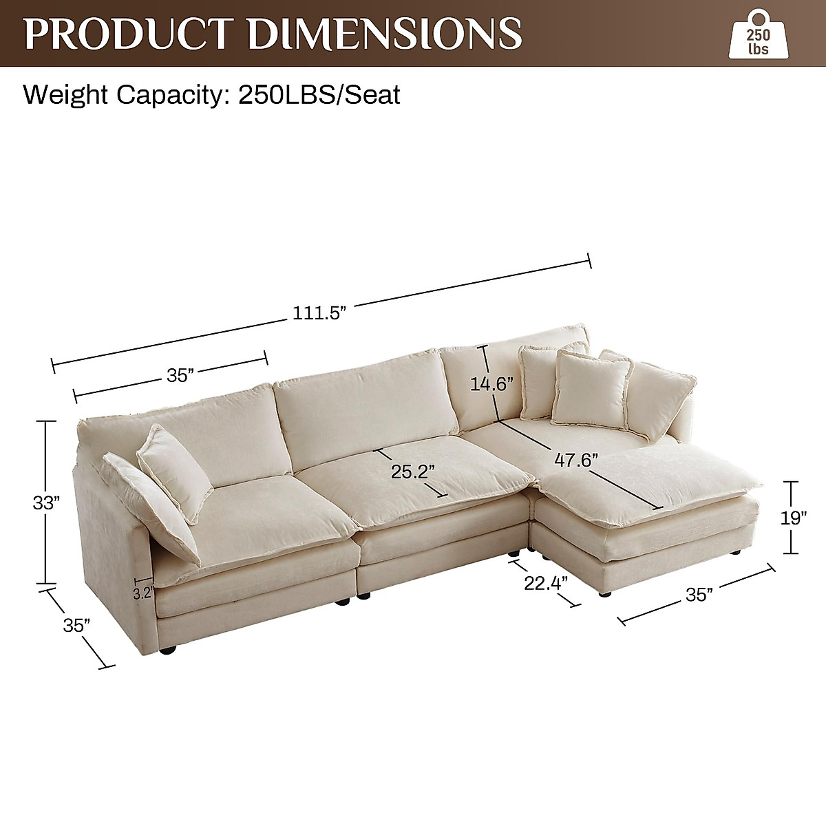 Wrofly Modular Sectional Sofa, 111.5" Comfy Chenille Deep Seat 3 Seater Cloud Couch, Oversized L Shaped Sofa with Convertible Ottoman, Modern Sleeper Sofa Set for Living Room Apartment Office, Beige