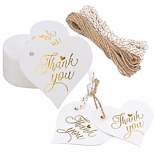 100PCS Thank You Heart Shape Gift Tags,High-end White Heart Paper Hang Tags with Jute Twine and Cotton Gold Twine for Valentine's Day,Gifts Wrapping,Wedding and Party Favor(2.36"*2.36)