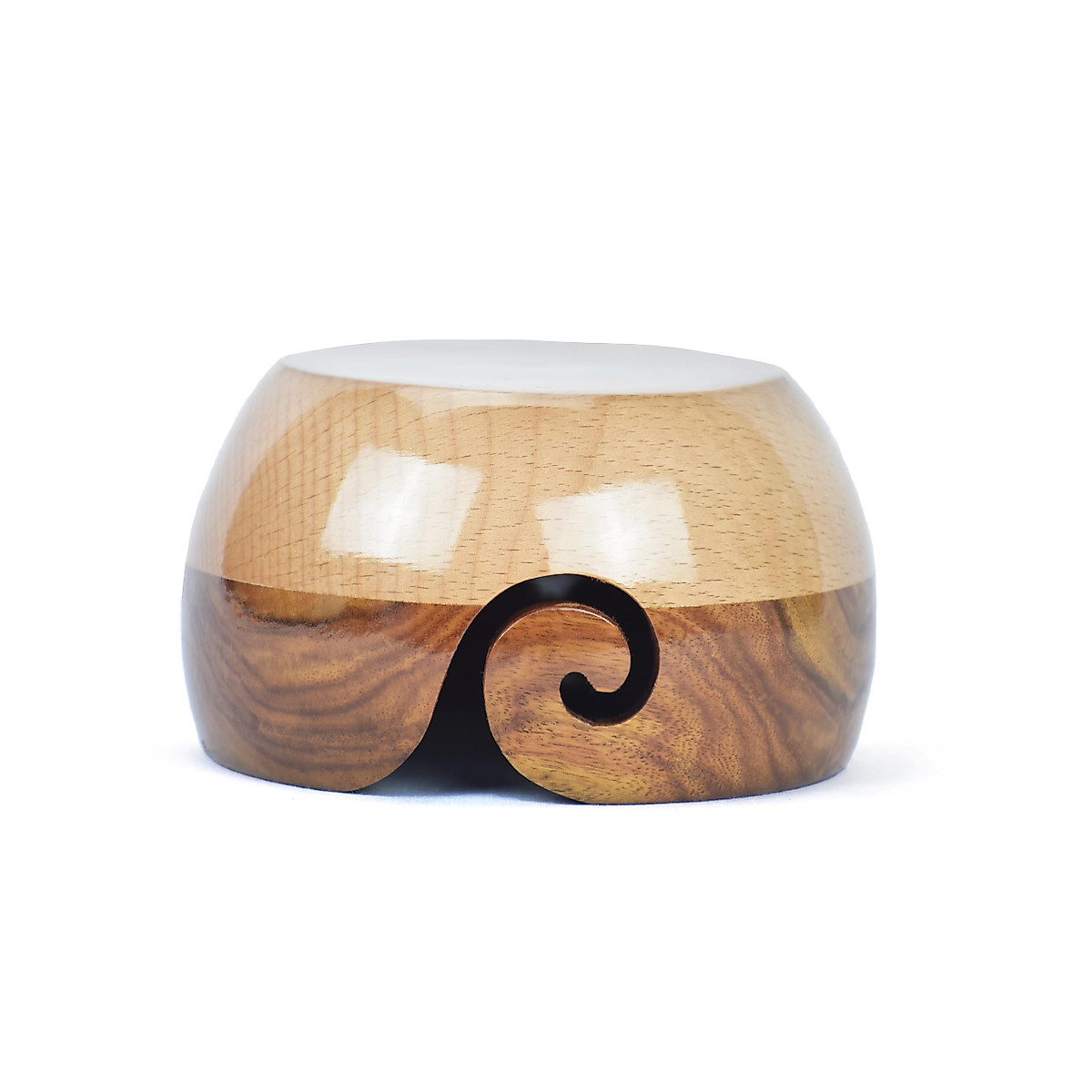 CRAFT INDIA Large Wooden Yarn Bowl | Handmade Knitting Wool Storage Bowl | Yarn Holder Dispenser with Holes to Prevent Slipping and Tangles for Knitting & Crocheting (Brown & Offwhite)