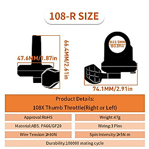 E-Bike Thumb Throttle，108X Right Thumb Throttle Speed Control 3 Pin SM Connector 12V 24V 36V 48V 72V for Electric Scooters and EBike (108X-R SM Plug)
