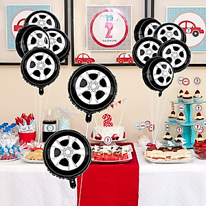 Waenerec 8pcs Tire Balloons 18 Inch Race Car Balloons Garland Kit Large Black Foil Wheels Balloons Classic Car Party Decorations for Boys Kids Truck, Race Car Theme Birthday Party Supplies