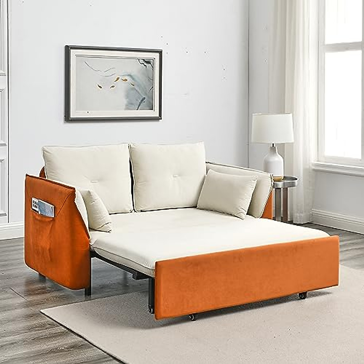 ERYE 3-in-1 Upholstered Futon Loveseat Convertible Sleeper Bed,2-Seaters Sofa & Couch Soft Cushions Love Seat Daybed for Small Space Living Room Napping,White Orange 3 Fold w/Pockets