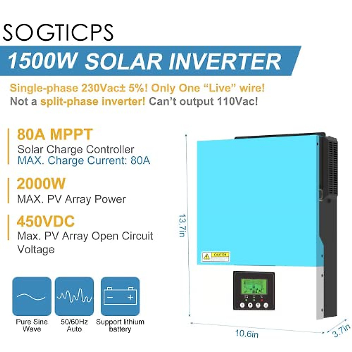 SOGTICPS 1500W Solar Hybrid Inverter 12V AC230V Off-Grid Pure Sine Wave Inversor 80A MPPT Solar Charger,PV 130-430V in Support WiFi
