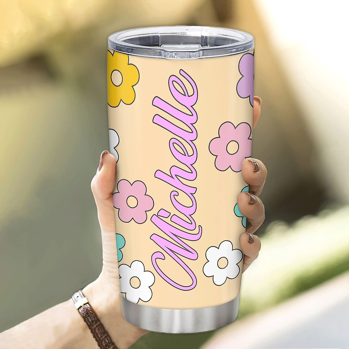 Hyturtle Personalized Gifts For Daisy Flower Lover - Birthday Christmas - Daisies Flower Print Custom Name Stainless Steel Tumbler 20oz With Straw Lid - Gifts For Her Women Girl Daughter Friend