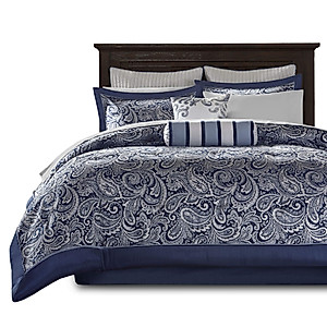 Madison Park Aubrey Cozy Comforter Set, Faux Silk Jacquard Paisley Design - All Season Down Alternative Bedding Layer with Bedskirt, Decorative Pillow, Queen, Navy 12 Piece