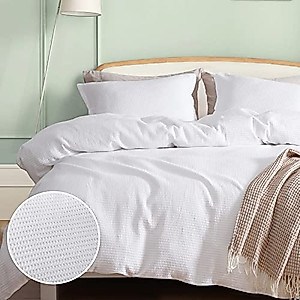 PHF Cotton Waffle Duvet Cover Queen Size, Ultra Soft Cotton Blend Comforter Cover Set, Comfy Breathable and Decorative Duver Cover Set with Pillow Shams Bedding Collection, 90"x90", White