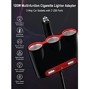 120W Car Cigarette Lighter Splitter, 3 Socket Car Splitter 12V/24V Dual USB Car Charger Adapter for iPhone, iPad, GPS, Dashcam, Radar Detector and More