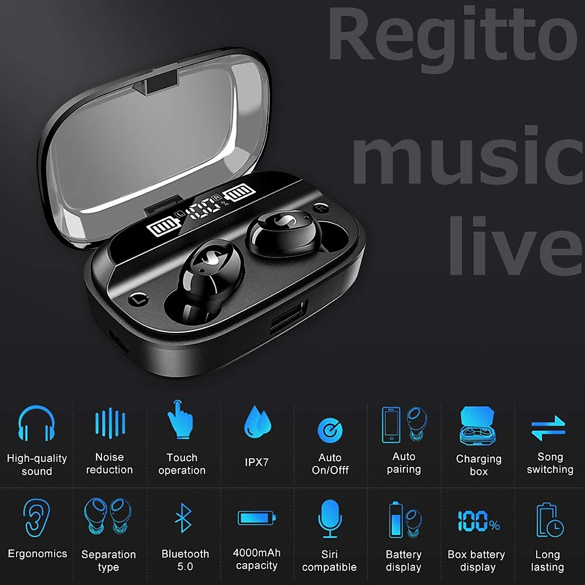 Wireless Earbuds Bluetooth 5.0 with 3000mAh Charging Case LED Battery Display 120H Playtime IPX7 Waterproof TWS Stereo Headphones in Ear Built in Mic Headset Deep Bass Hi-Fi Sound for Sport Black