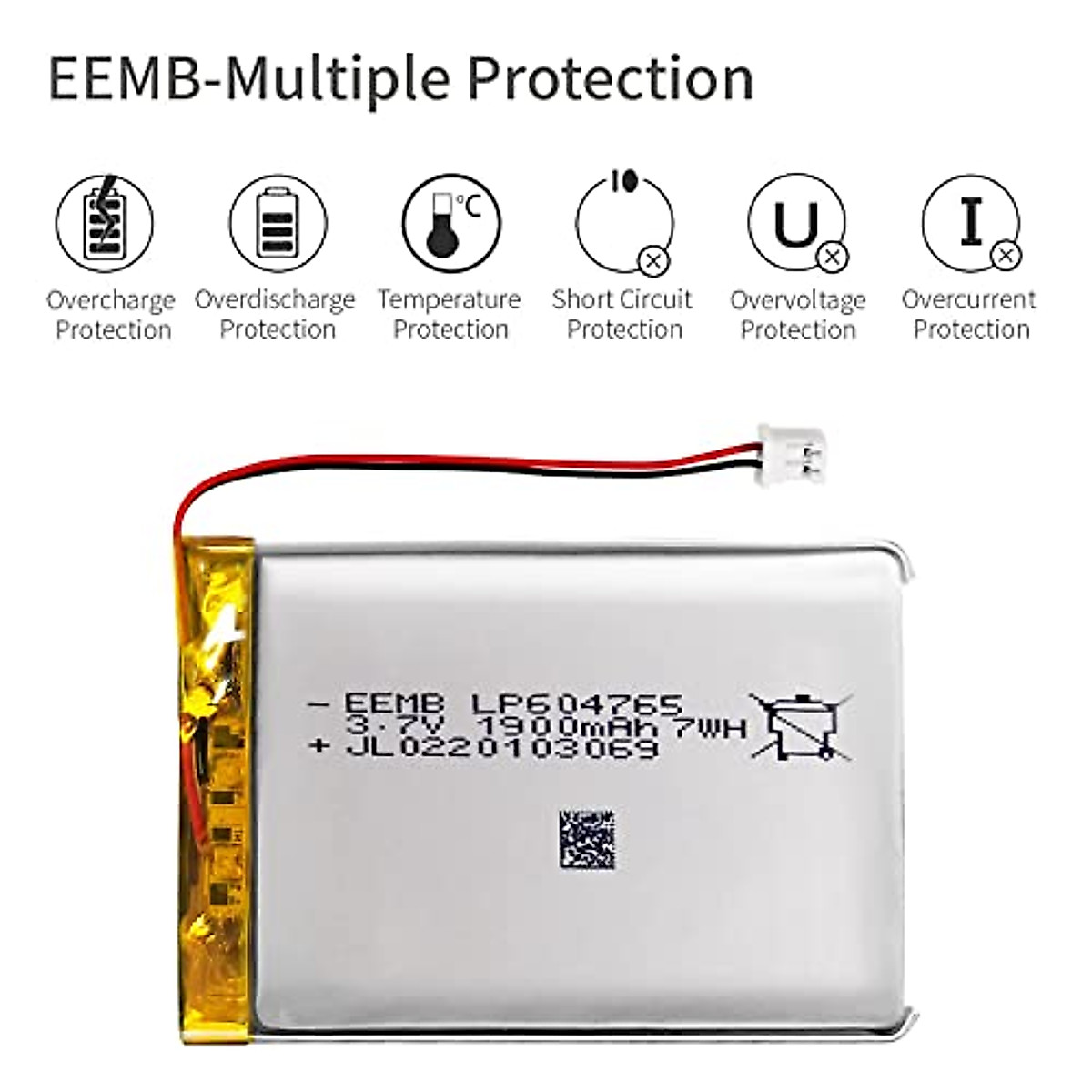 EEMB Lithium Polymer Battery 3.7V 1900mAh 604765 Lipo Rechargeable Battery Pack with Wire JST Connector for Speaker and Wireless Device- Confirm Device & Connector Polarity Before Purchase