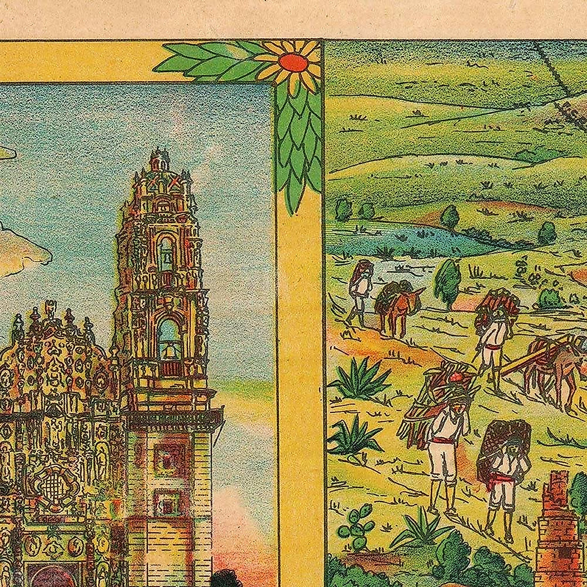 Antiguos Maps Valley of Mexico, Mexico City Pictoral Map c. 1930 - Mapa Pintoresco del Distrito Federal Yalre Dedores - measures 24 inches x 36 inches (610 mm x 915 mm)