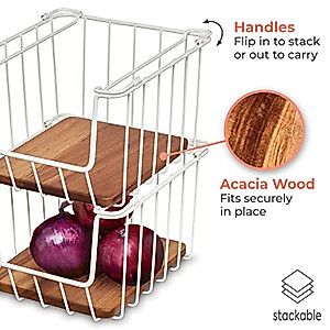 iDesign The Ría Safford Collection Open Front Wire Basket with Acacia Wood, 10" x 8" x 6"