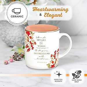Christian Art Gifts Ceramic 14 oz Coffee and Tea Mug for Women When She Speaks - Proverbs 31:26 Pink/Red with Gold Metallic Floral, Lead-free and Cadmium-free Bible Verse Coffee Mug