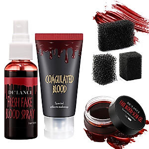 Halloween Makeup Kit ,Fake Blood Spray+Edible Fake Blood Gel+Coagulated Blood Scar+Sponge,Realistic Washable Cosplay Stage SFX Zombie Vampire Special Effects Makeup Safe for Body/Face Paint