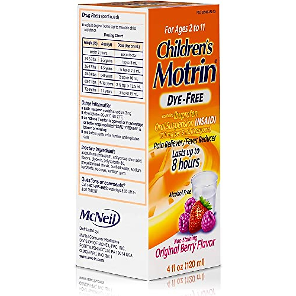 Motrin Children's Dye-Free Pain Reliever/Fever Reducer, Original Berry Flavor 4 oz (2 Pack)