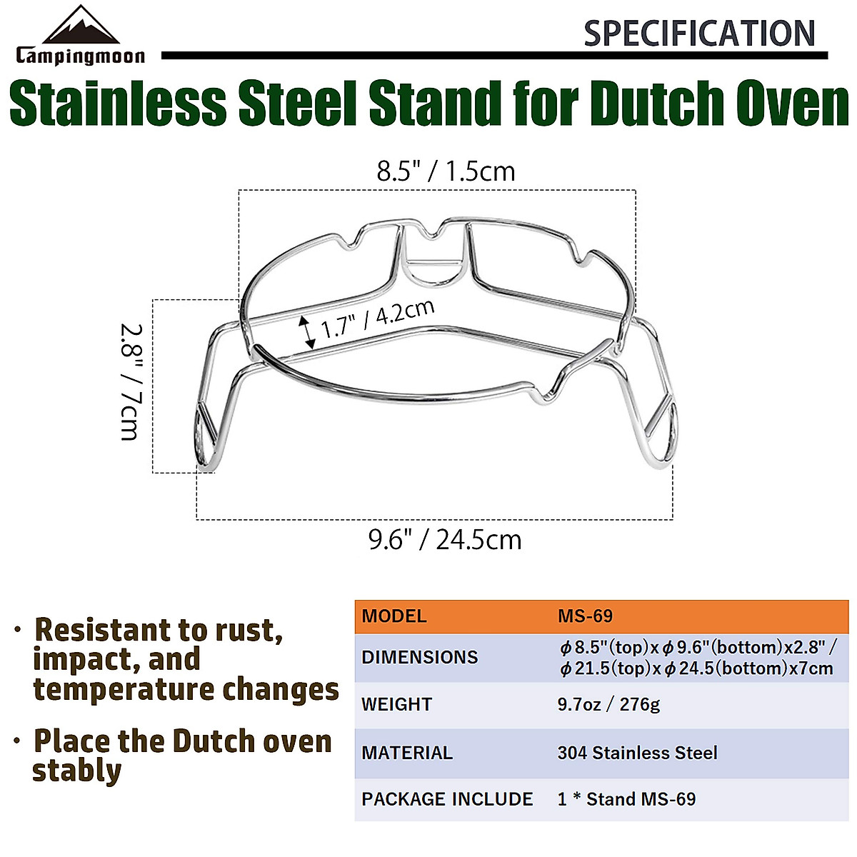 CAMPINGMOON Camping Campfire Trivet Cooking Stand Open Fire Tripod MS-69 Stainless Steel