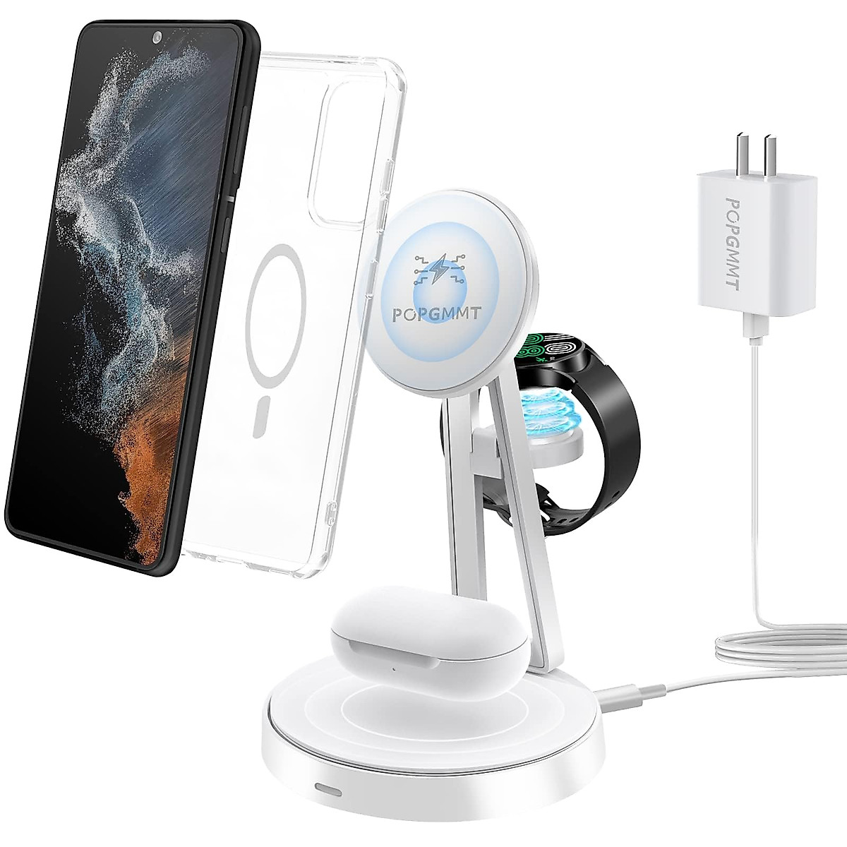 Magnetic Wireless Charging Station for Samsung, 3 in 1 Charging Stand 18W Mag-Safe Fast Charger Compatible for S23/S22/S21/S20/S10/Note 20/Z Flip 4, for iPhone 15,14,13,12, for Galaxy Watch & Buds