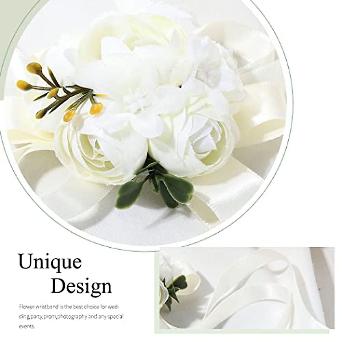 Yean White Rose Wrist Corsage Bride Wedding Hand Flower Handmade Whith Ribbon Corsage Wristlet Wedding Party Prom Decorations Accessories for Women and Girls