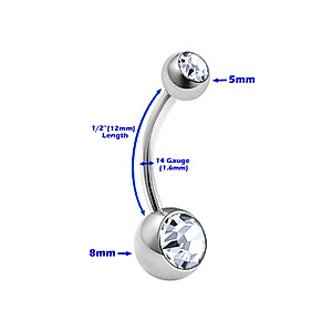 4Pcs Surgical Steel 14 gauge 1/2 12mm Navel Belly Button Piercing Jewelry Earring Ear Lobe 8mm 5mm CL PE BZ EM Crystal M6352