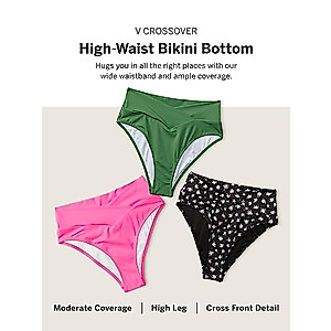 Victoria's Secret Pink V Crossover High Waisted Bikini Bottom, Swimsuit for Women, Moderate Coverage Bathing Suit Bottoms for Women, Morning Sky Floral (M)