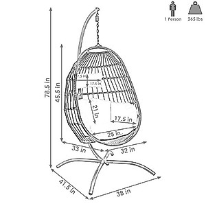 Sunnydaze Penelope Hanging Egg Chair with Seat Cushions and Stand - Black Hanging Wicker Chair with Turquoise Polyester Cushions and Powder-Coated Steel Stand - Collapsible Nylon Back Design - 78-Inch