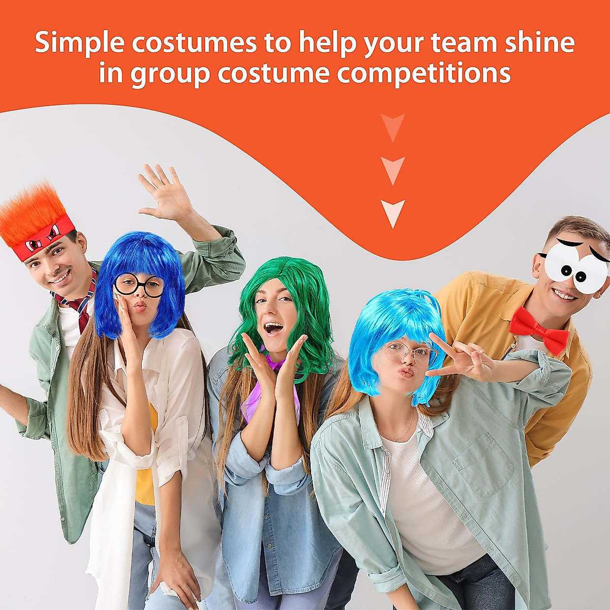 Taiyin 9 Pcs Halloween Group Costume Blue Bob Wig Short Blue Wig Green Wig Movie Characters Halloween Costume Party Cosplay