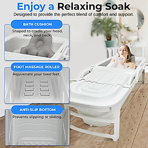 SereneLife Freestanding Portable Bathtub Spa Set – Large 59" Foldable Bath, Cushion, Stretchable Drain Pipe, Massager Rollers, Cleaning Spray & Storage Bag