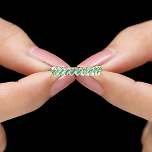 Rosec Jewels Certified Natural Baguette Emerald Ring for Women, AAA Quality, Half Eternity Band (Ideal for Gift), 14K Yellow Gold, Size:US 11.00