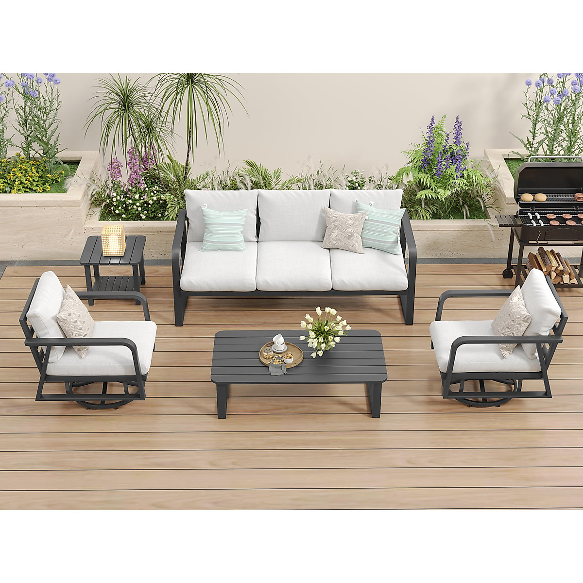 SUGOLD Outdoor Aluminum Patio Furniture Set 5 Piece, Swivel Rocking Chairs, All Weather Outdoor Aluminum Sofa, Patio Bistro Set for Patio, Porch, Deck(Silver Gray)