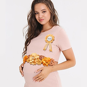 SKJIAYEE Gold Brown Maternity Sash Baby Shower Decorations, Mom to Be & Daddy to Be Corsage for Gender Reveal Party Supplies Belly Belt Gift Keepsake Pregnancy Photo Props (Pure Handmade)