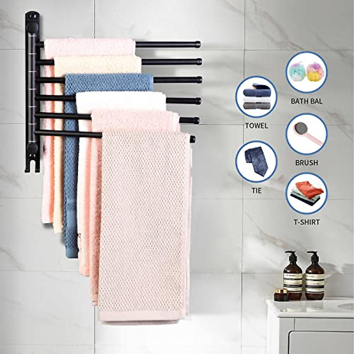 Swivel Towel Rack, Towel Bar with Wall Mounted 180° Rotation, 6-Arms Towel Hanger for SUS 304 Stainless Steel, Space Saving for Kitchen/ Bathroom, Matte Black