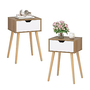 JAXPETY Set of 2 Modern Wood Nightstand, Bedside Table with Drawer, Night Stand, End Table with Solid Wood Legs for Bedroom Home, Brown
