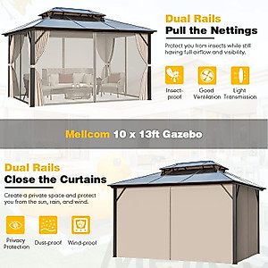 MELLCOM 10x13ft Hardtop Gazebo, Permanent Outdoor Patio Gazebo with Double Polycarbonate Roof and Aluminum Frame, Canopy Gazebo for Backyard, Deck, Patio and Party, Curtains and Netting Included