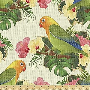 Ambesonne Hibiscus Fabric by The Yard, Colorful Composition of Exotic Bird Parrot Flowers, Decorative Fabric for Upholstery and Home Accents, 1 Yard, Multicolor