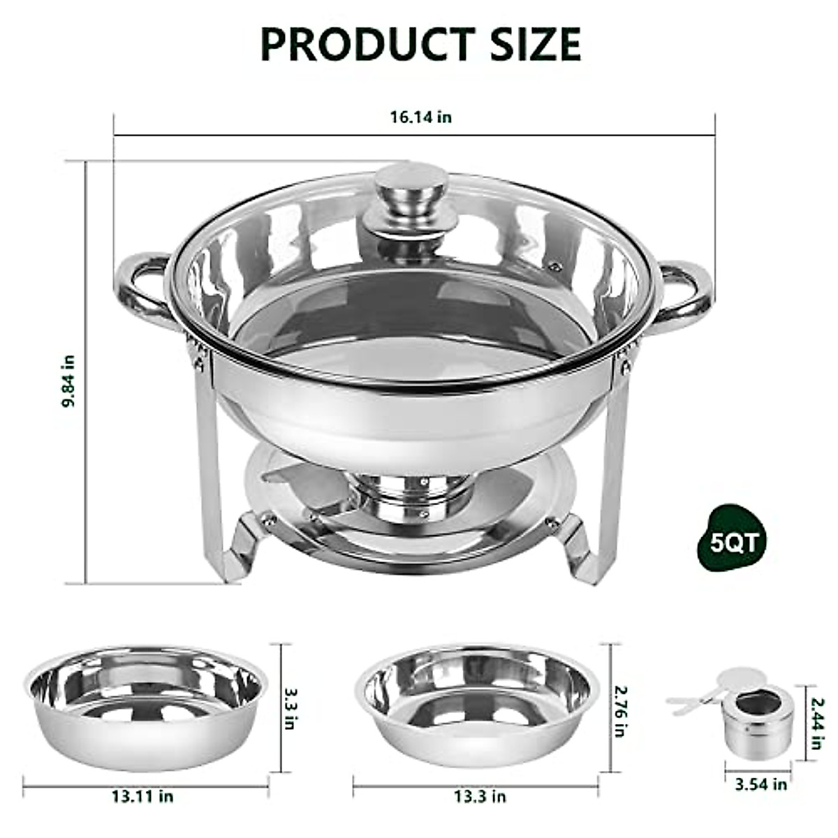 IMACONE Chafing Dish Buffet Set 4 Pack, 5QT Round Stainless Steel Chafer for Catering in Glass Lid, Chafers and Buffet Warmer Sets w/Food & Water Pan, Lid, Frame, Fuel Holder for Event Party Holiday