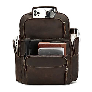 Taertii Full Grain Mens Leather Backpack for 15.6" Laptop Large Capacity 32L Multi Pockets Travel Work Hiking Daypacks