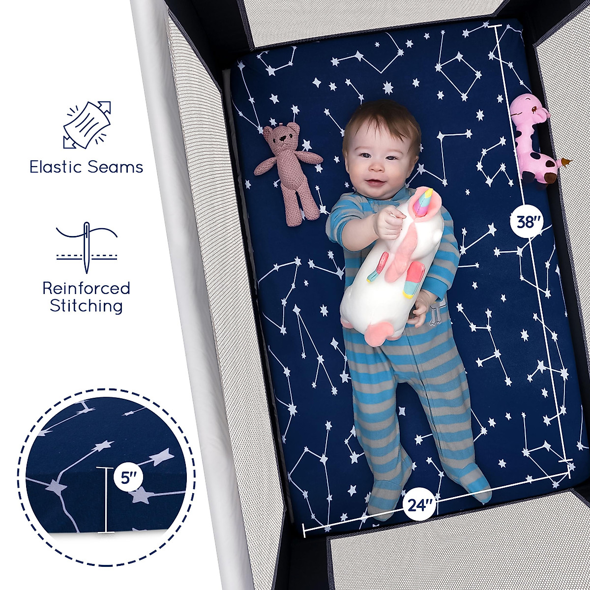 GROW WILD Pack n Play Fitted Sheets 3-Pack | Breathable Pack and Play Jersey Cotton Crib Sheets | 38” x 24" Mini Crib Sheet & Crib Bedding Set for Baby Boys | Stars and Moon Nursery Decor