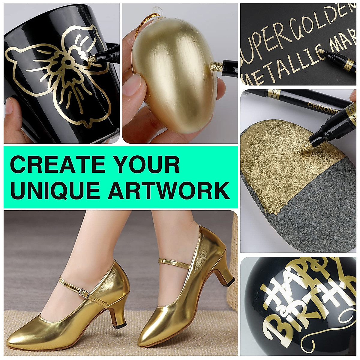 KERIFI Liquid Gold Chrome Markers, Supper Golden Metallic Paint Pens, Reflective Gloss Permanent Mirror Markers for Model Repairing, Resin Metal Glass Plastic, DIY Art Projects Crafts (5 Pack, 1-3mm)