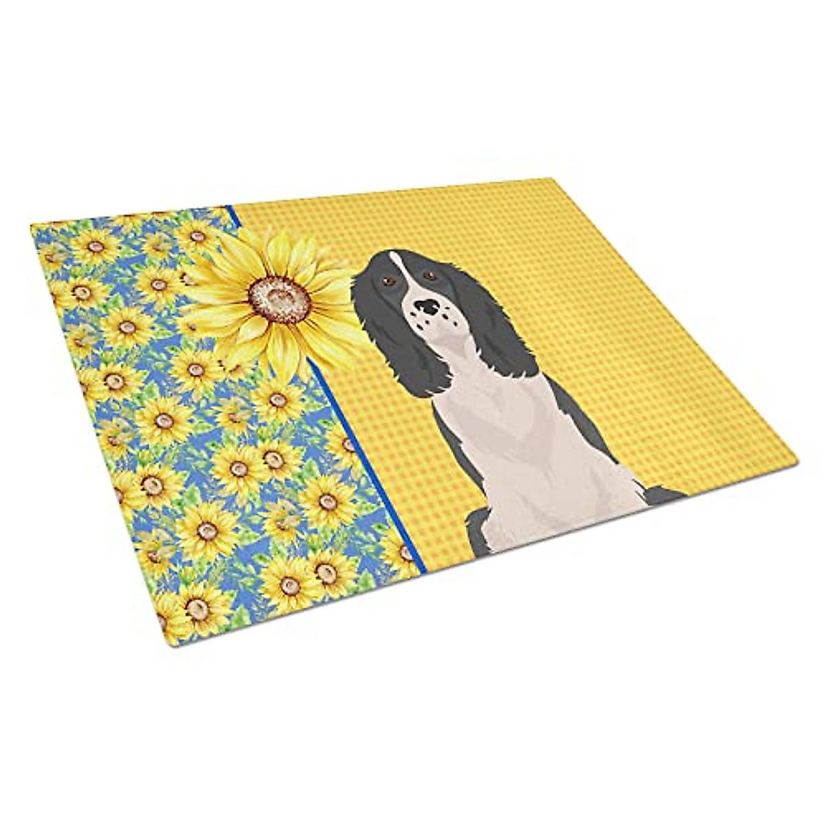 Caroline's Treasures WDK5416LCB Summer Sunflowers Black English Springer Spaniel Glass Cutting Board Large Decorative Tempered Glass Kitchen Cutting and Serving Board Large Size Chopping Board