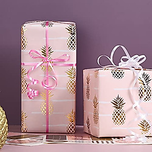 Packanewly Wrapping Paper Roll Set with Cutline on Reverse for All Occasion - Pink Gold White, Black Stripe, Fruit Pineapple Gift Wrap paper Bundle(4 Pack, 100 sq. ft. ttl.) - 30 x 120 Inch Each Roll