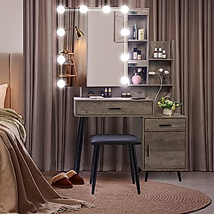 3-color Lighted Mirror Cabinet with Stool - Vanity Desk and Cushioned Chair - Sliding Mirror Makeup Desk - 2 Drawers 1 Door Cabinet 2 Shelves - Charging Station - Screen Touch Switch - Retro Grey