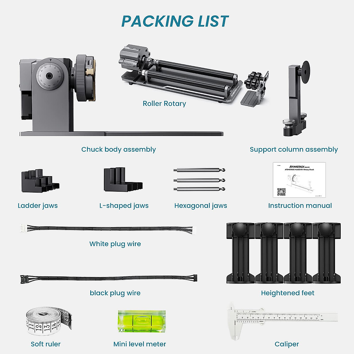 ATOMSTACK MAKER R1 PRO Chuck and Rotary Roller for Laser Engraver, 4-in-1 Laser Roller Rotary, 180° Adjustable Chuck with 3 Jaws for Engraving Rings, Irregular Items, Spherical & Cylindrical Objects